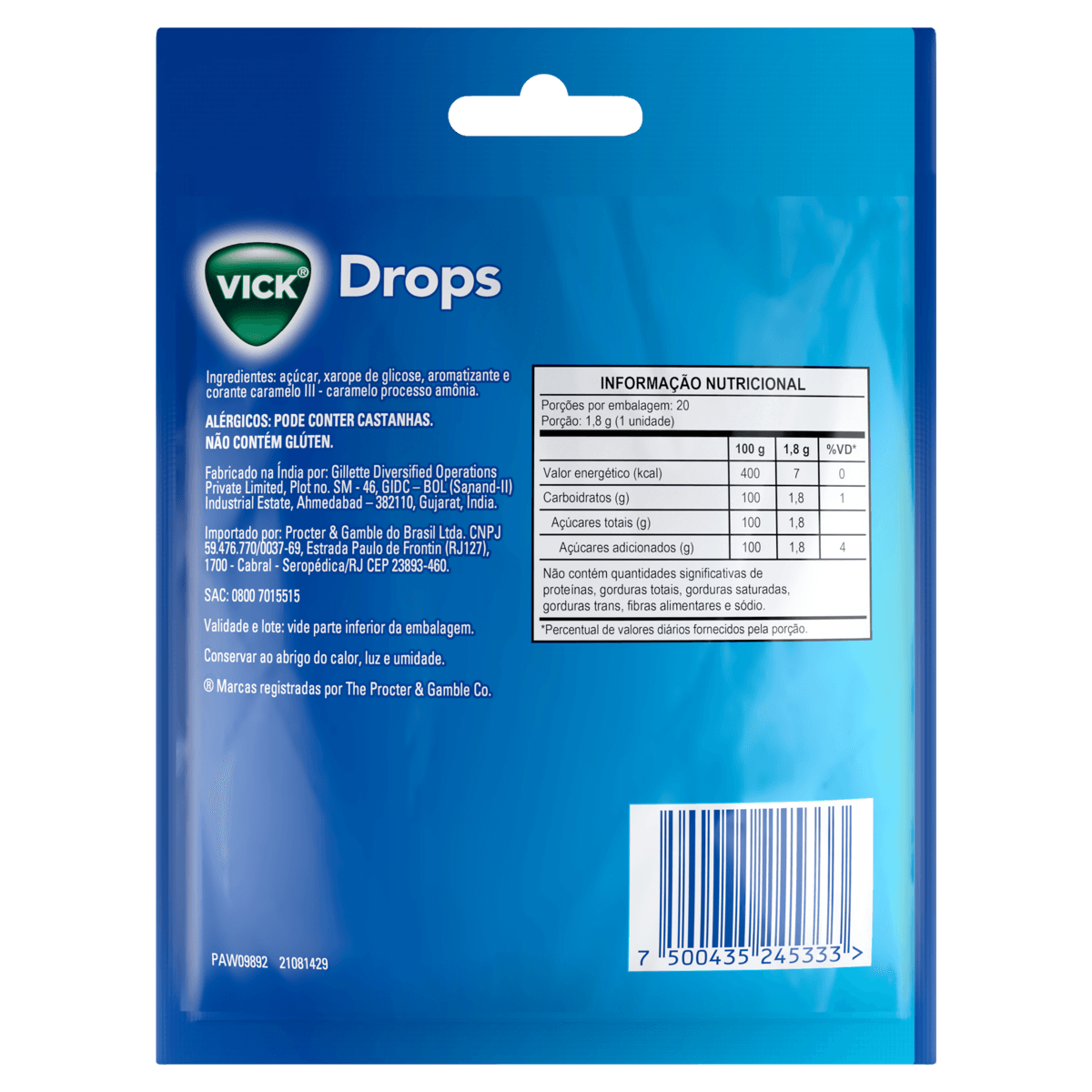 Pastilha Vick Drops Gengibre 20 unidades